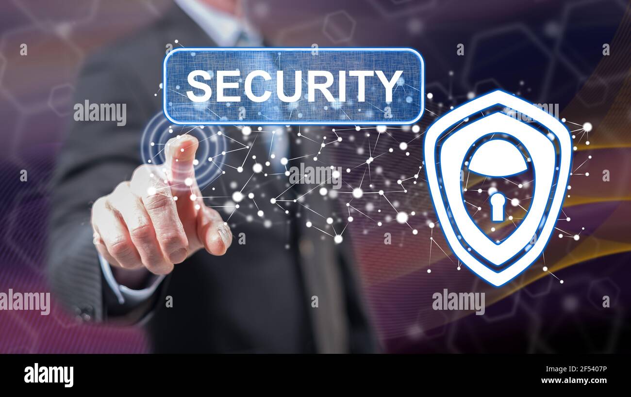 Man touching a cyber security concept on a touch screen with his ...