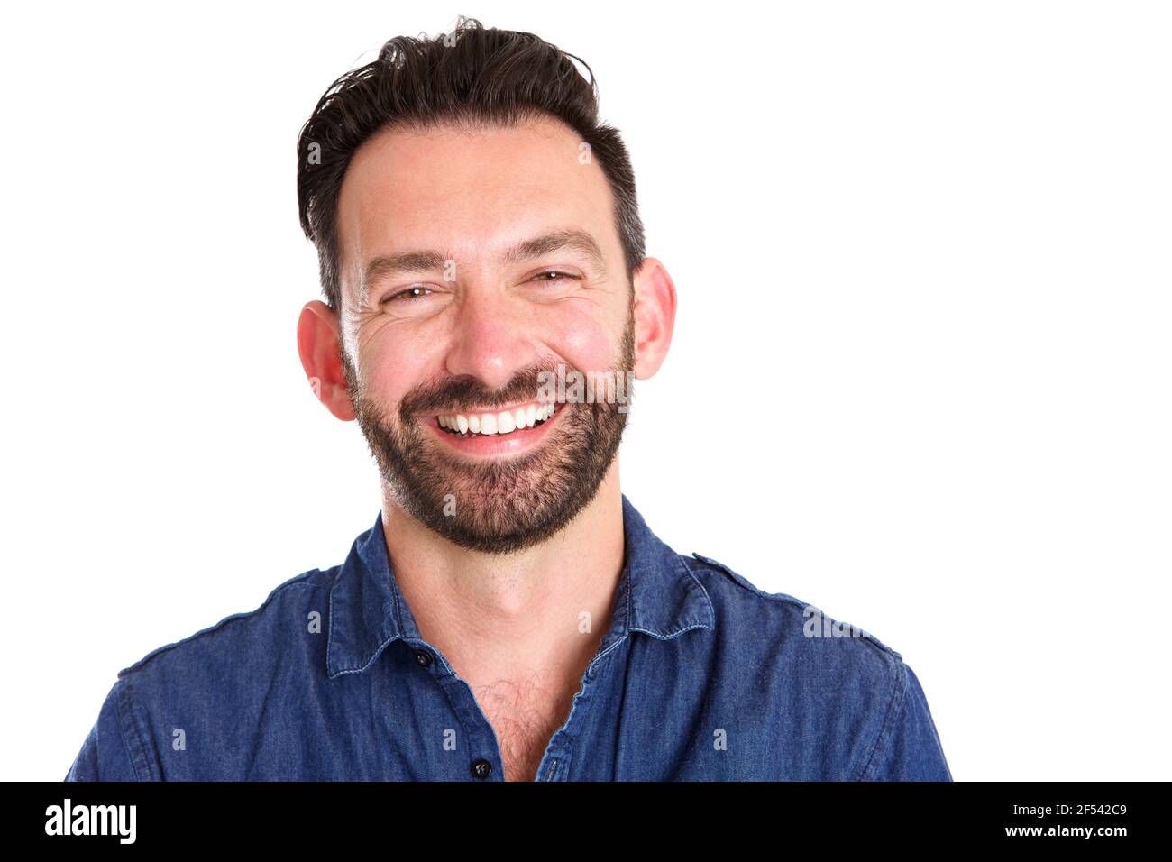 Close up portrait of cheerful mature man with beard against white ...