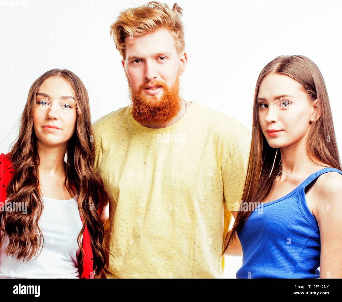 company of hipster guys, bearded red hair boy and girls students having ...