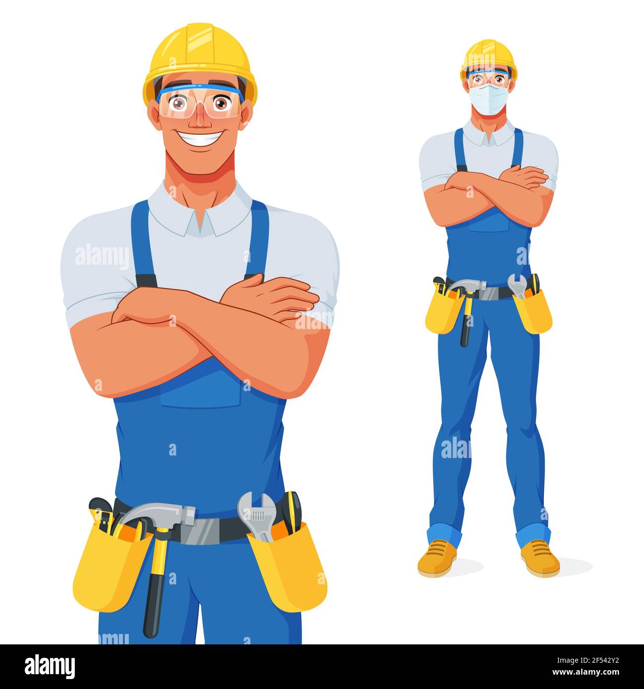 Handyman in bib overalls, hard hat and protective glasses with arms ...
