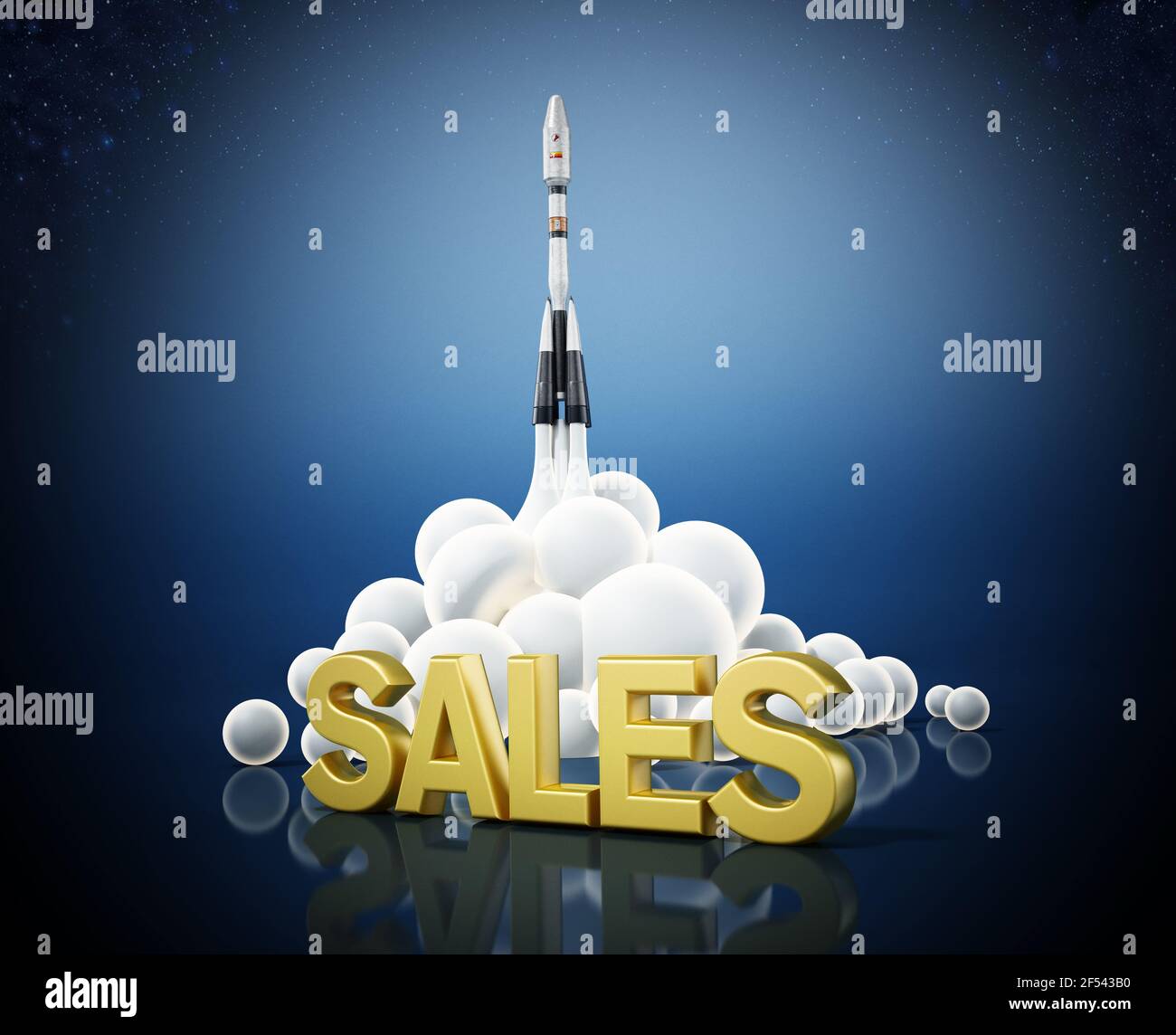 Sales text standing in front of a launching rocket. Business and ...