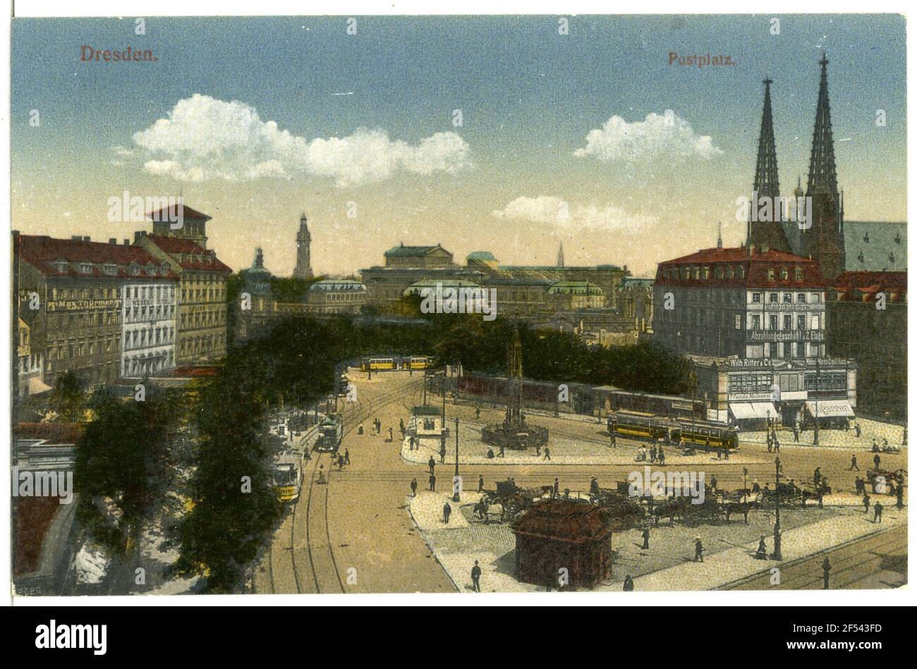 Postplatz with trams and horse-drawn carriages Dresden. Post seat M ...