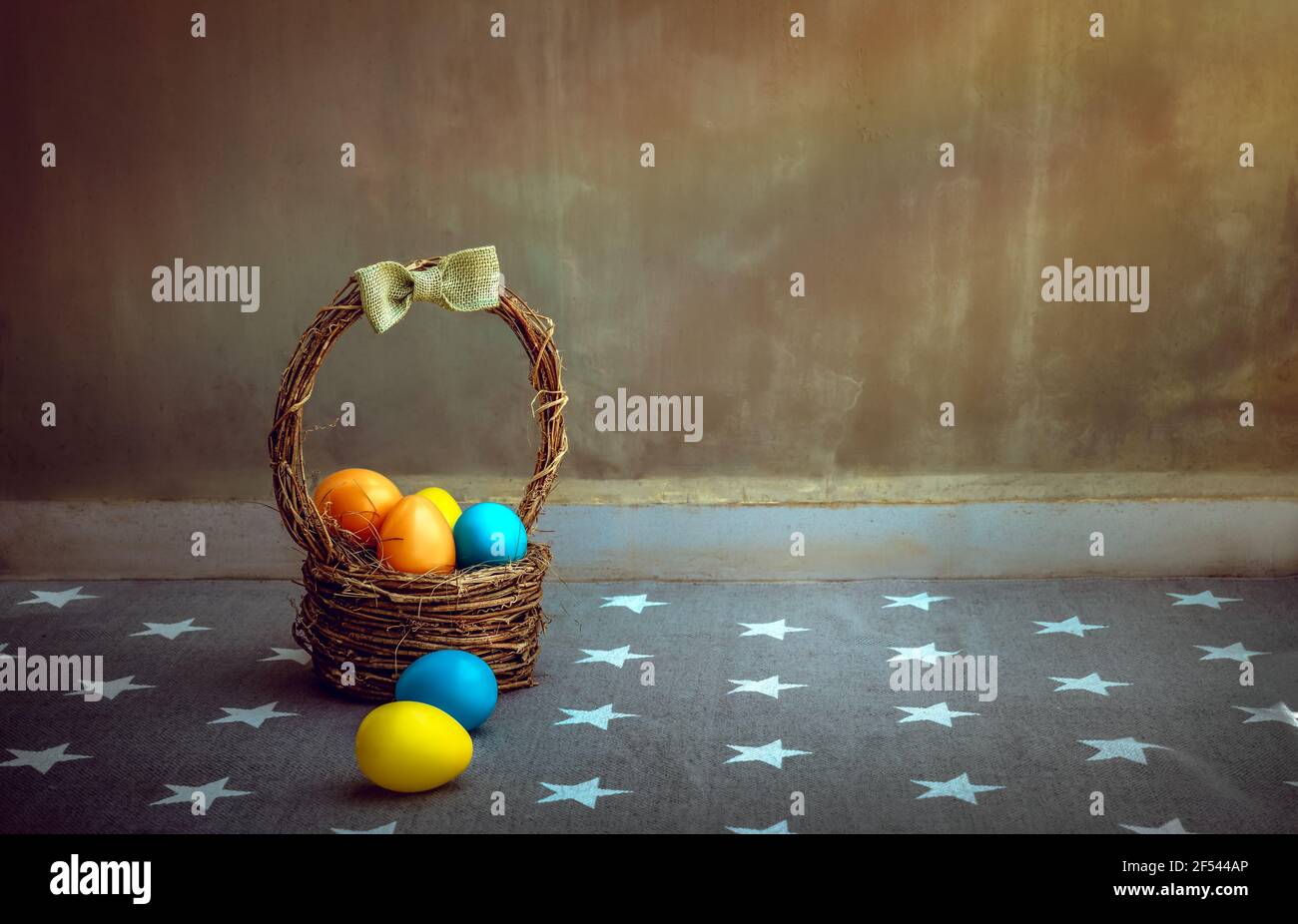 Beautiful Colorful Painted Eggs in the Basket at Home. Traditional ...