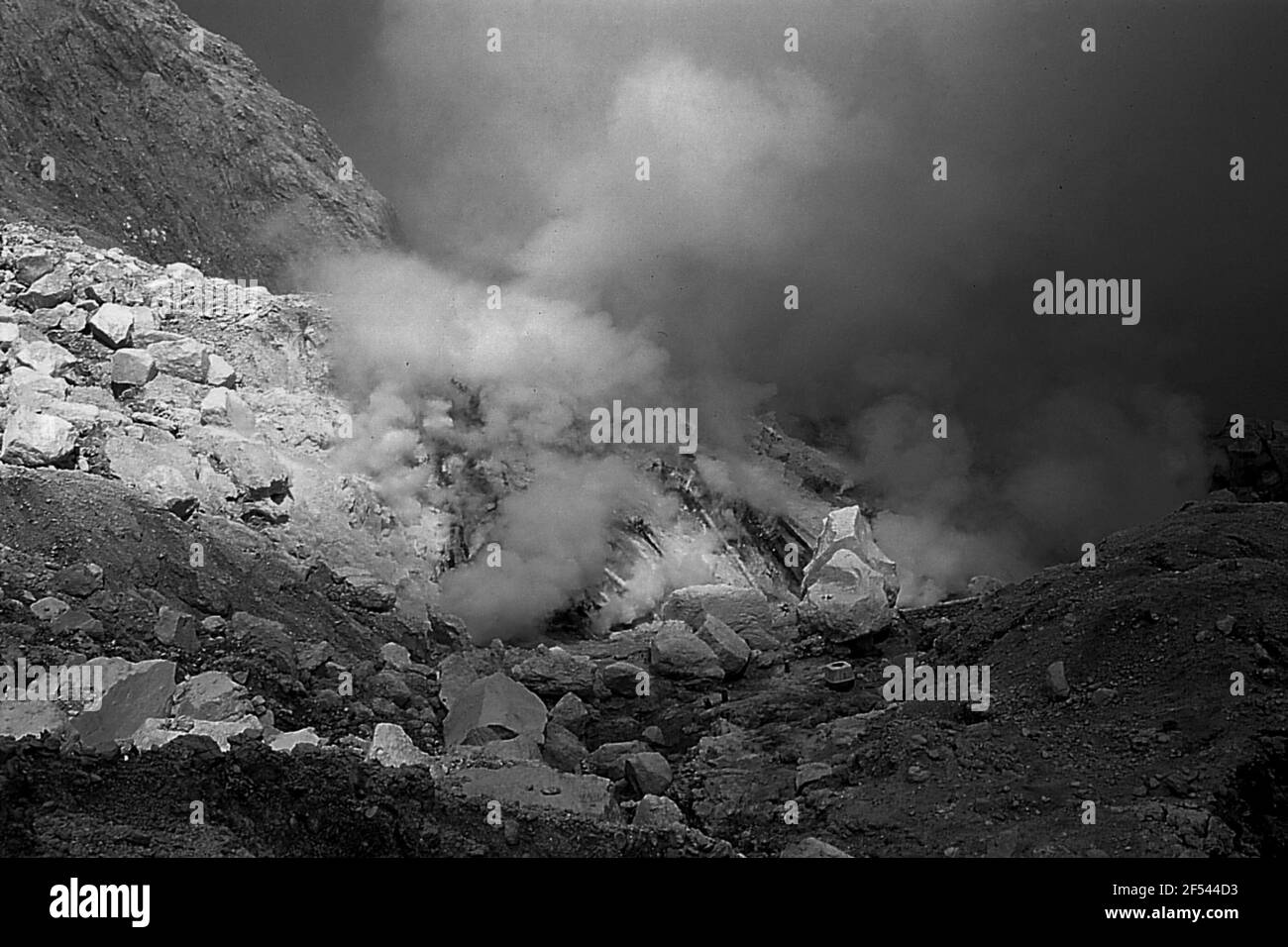 The fumarole of Mount Ijen volcano, where sulfur is mined traditionally ...