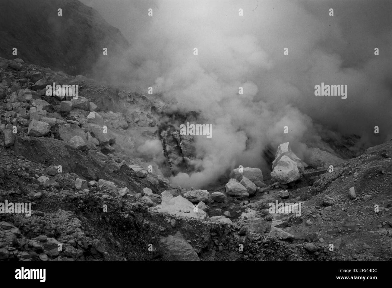 The fumarole of Mount Ijen volcano, where sulfur is mined traditionally ...