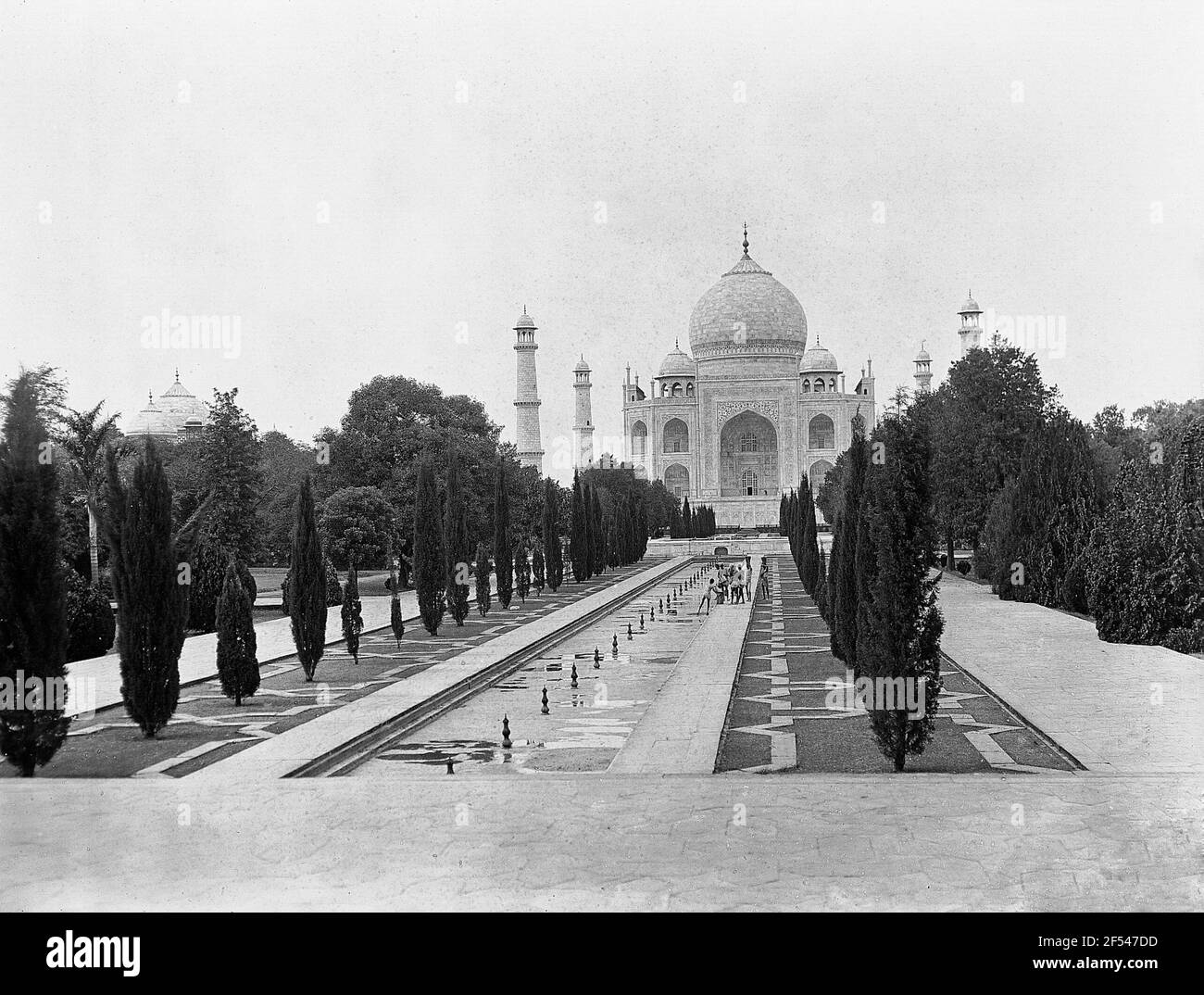Agra, India. View of the Taj Mahal. In the midfield elongated water ...
