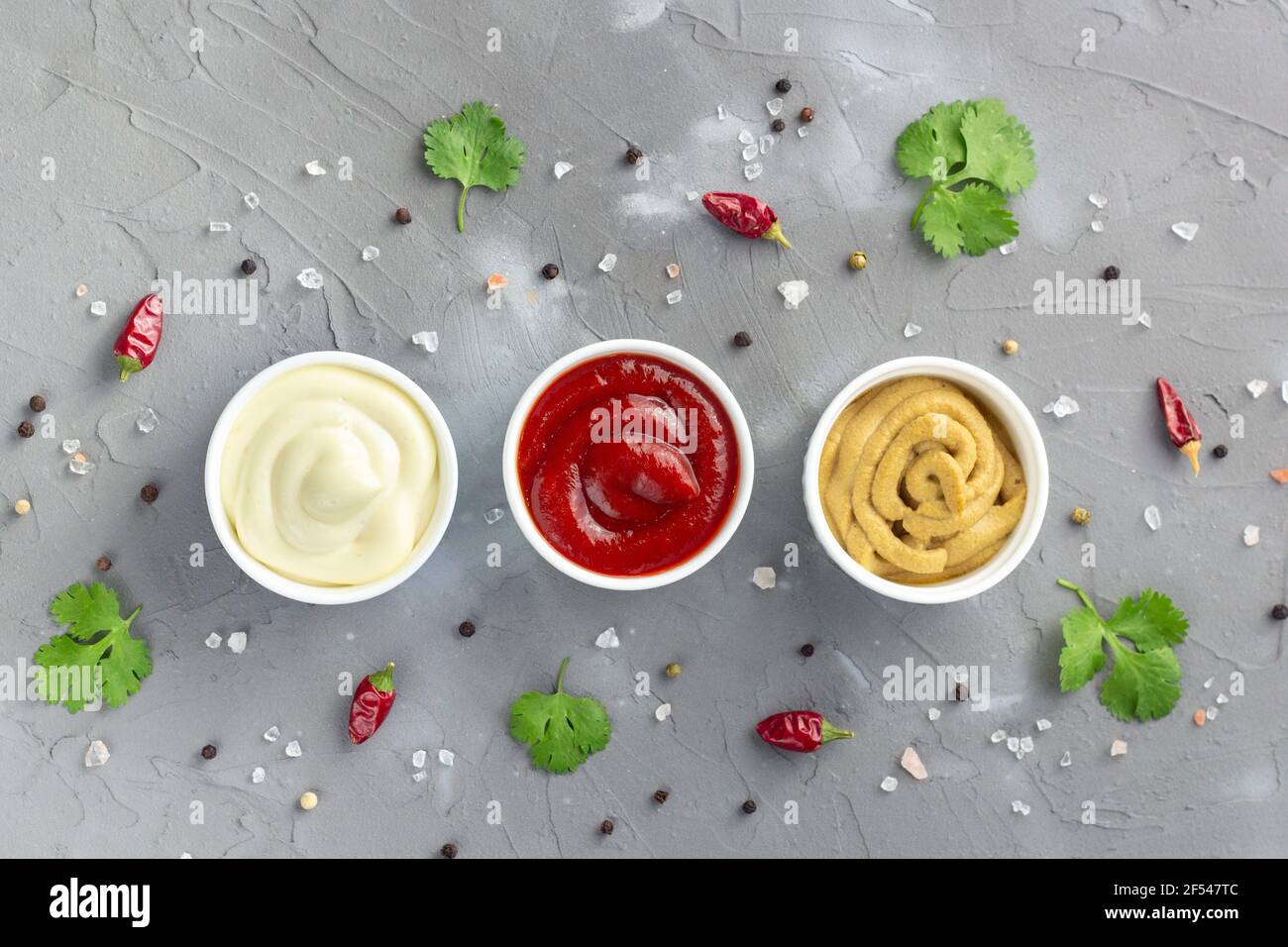 Set of various sauces with spices on gray stone background. Mayonnaise ...