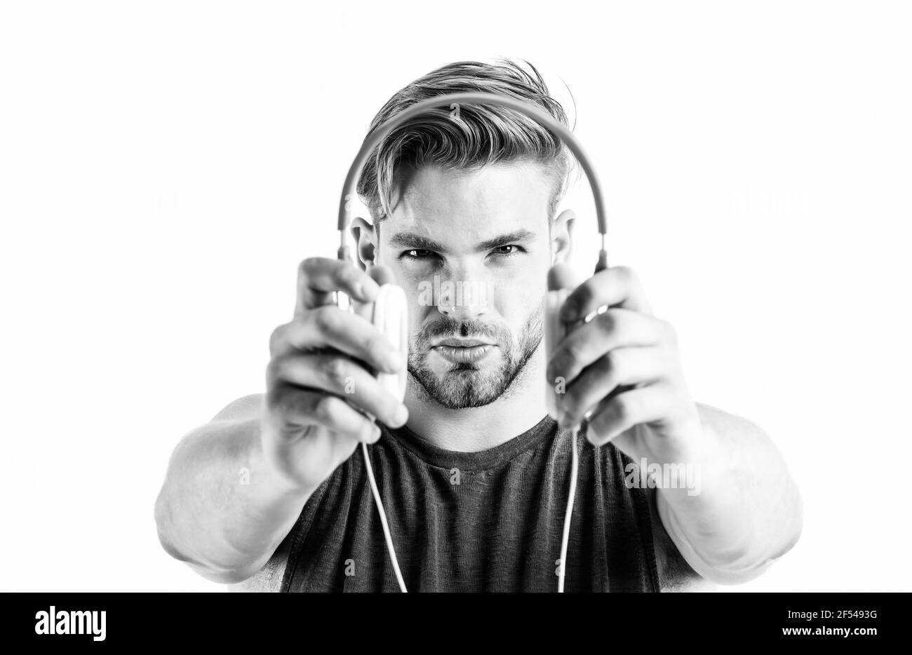 Equipment for dj. Man handsome guy using modern headphones. Music as ...