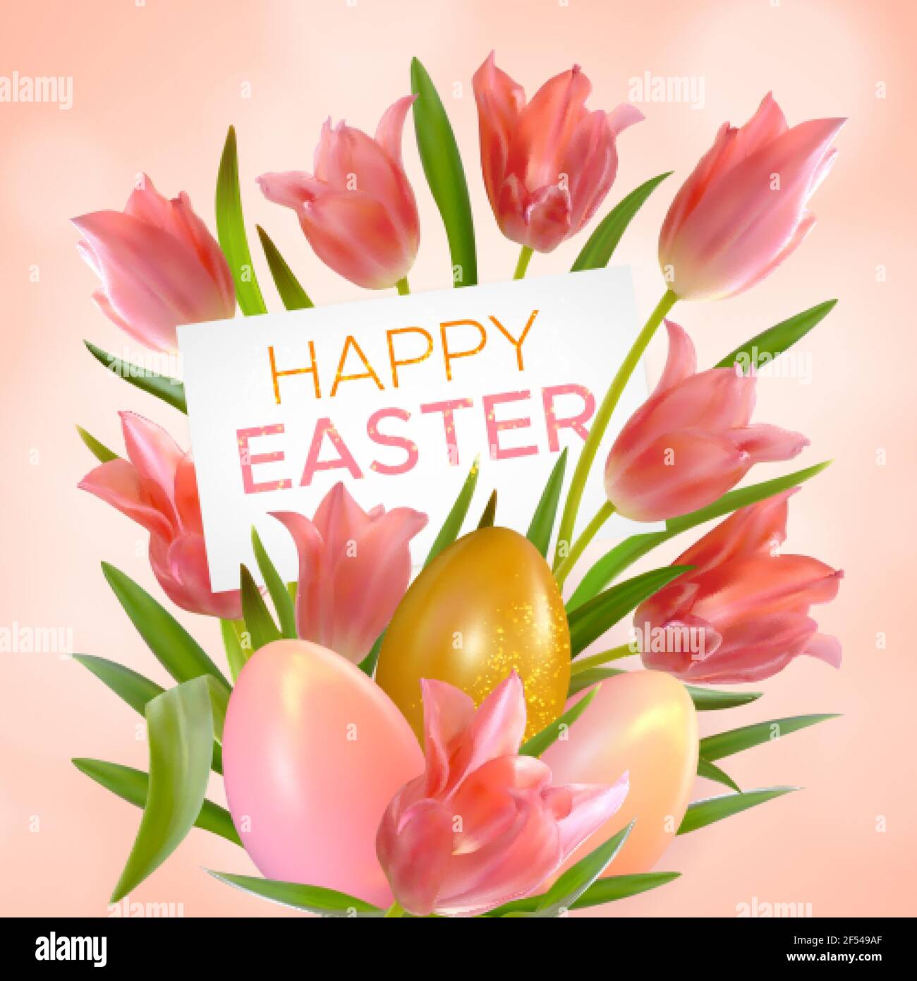 Easter background with realistic pink tulips and Easter eggs ...