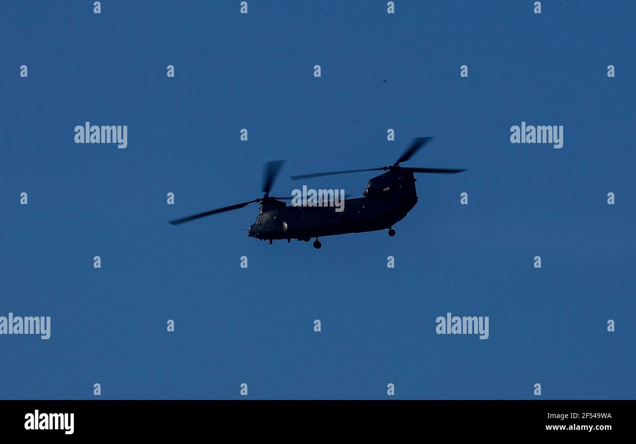 RAF Chinook helicopters fly over the Solent during exercises. Picture ...