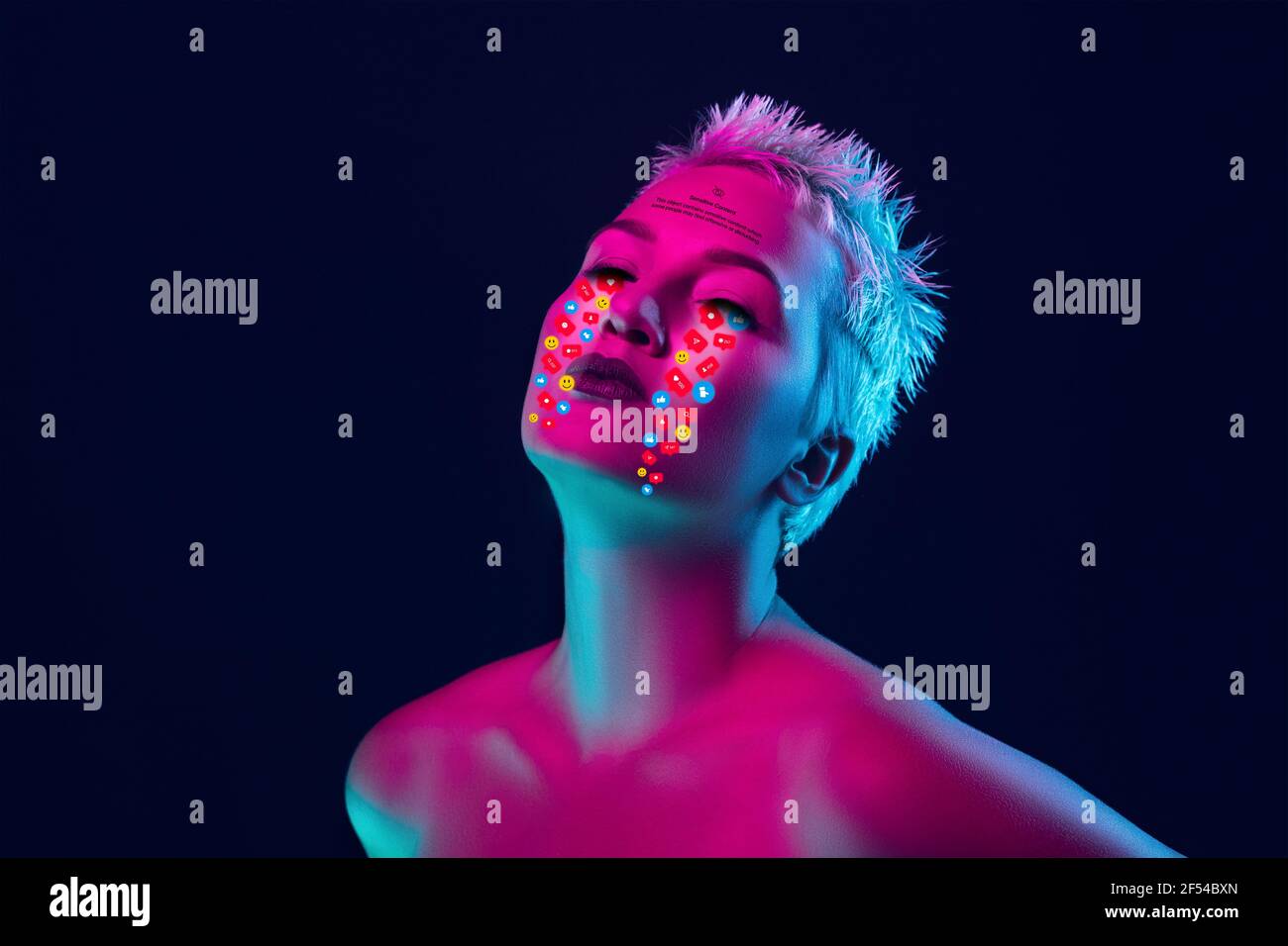 Tears illustrated of social media activity signs on female face in neon ...