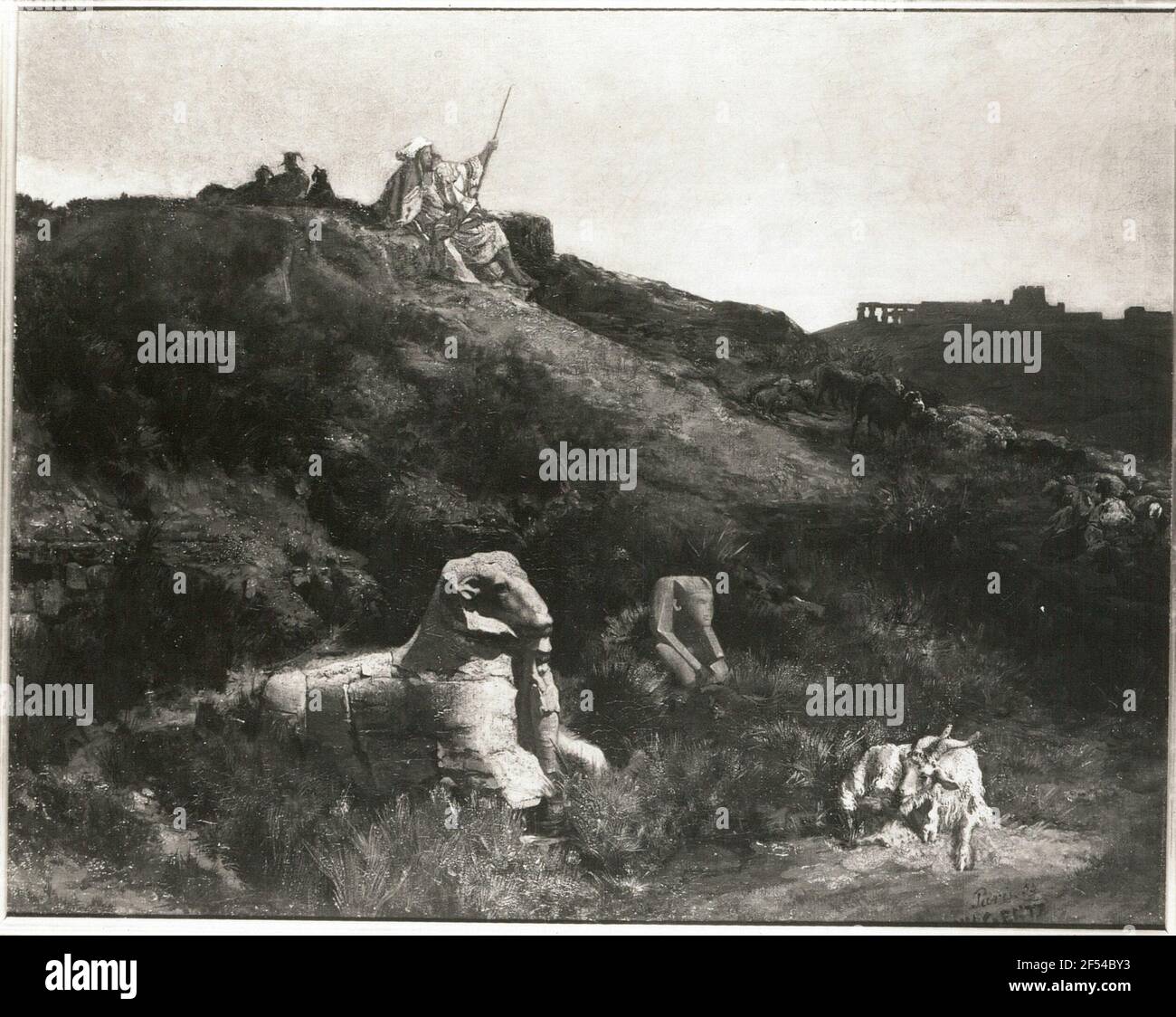 Egyptian landscape with sphingen and goat stove Stock Photo - Alamy