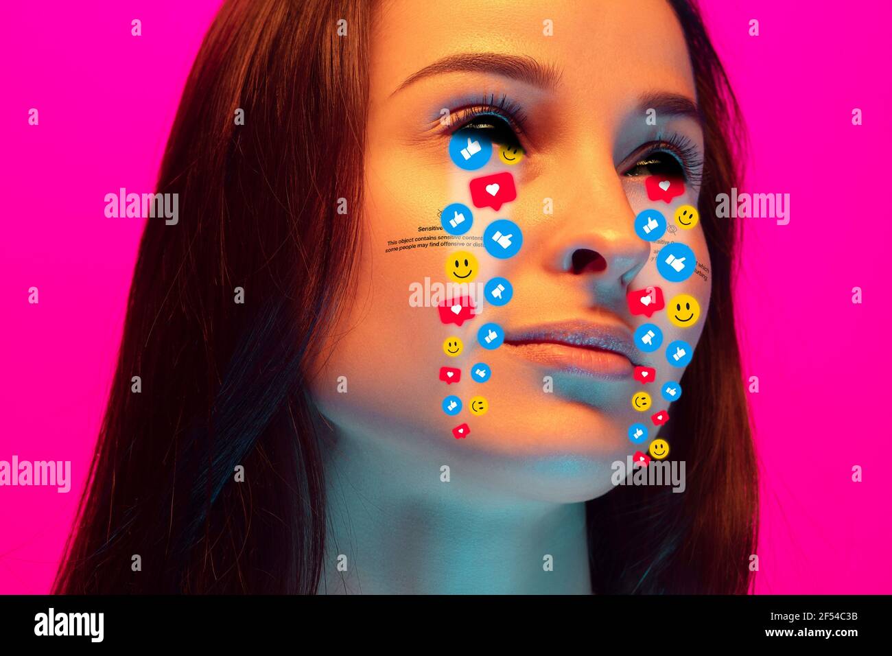 Tears illustrated of social media activity signs on female face in neon ...