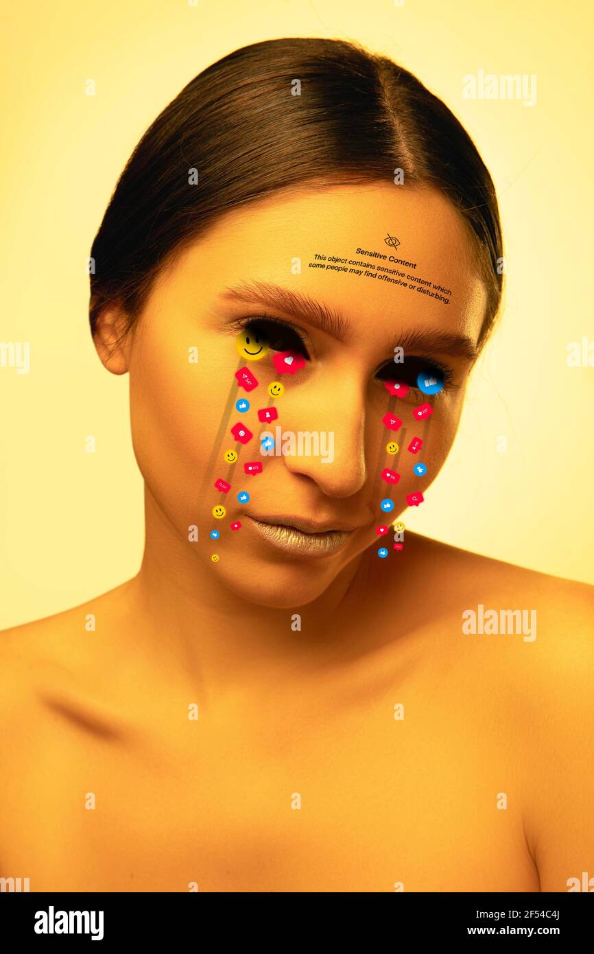 Tears illustrated of social media activity signs on female face in neon ...