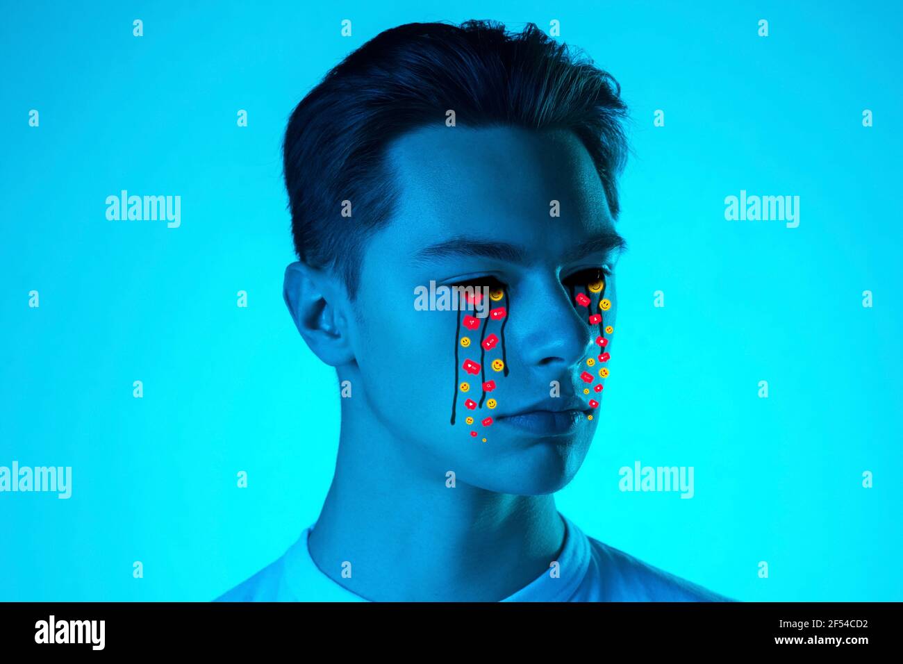 Tears illustrated of social media activity signs on male face in neon ...