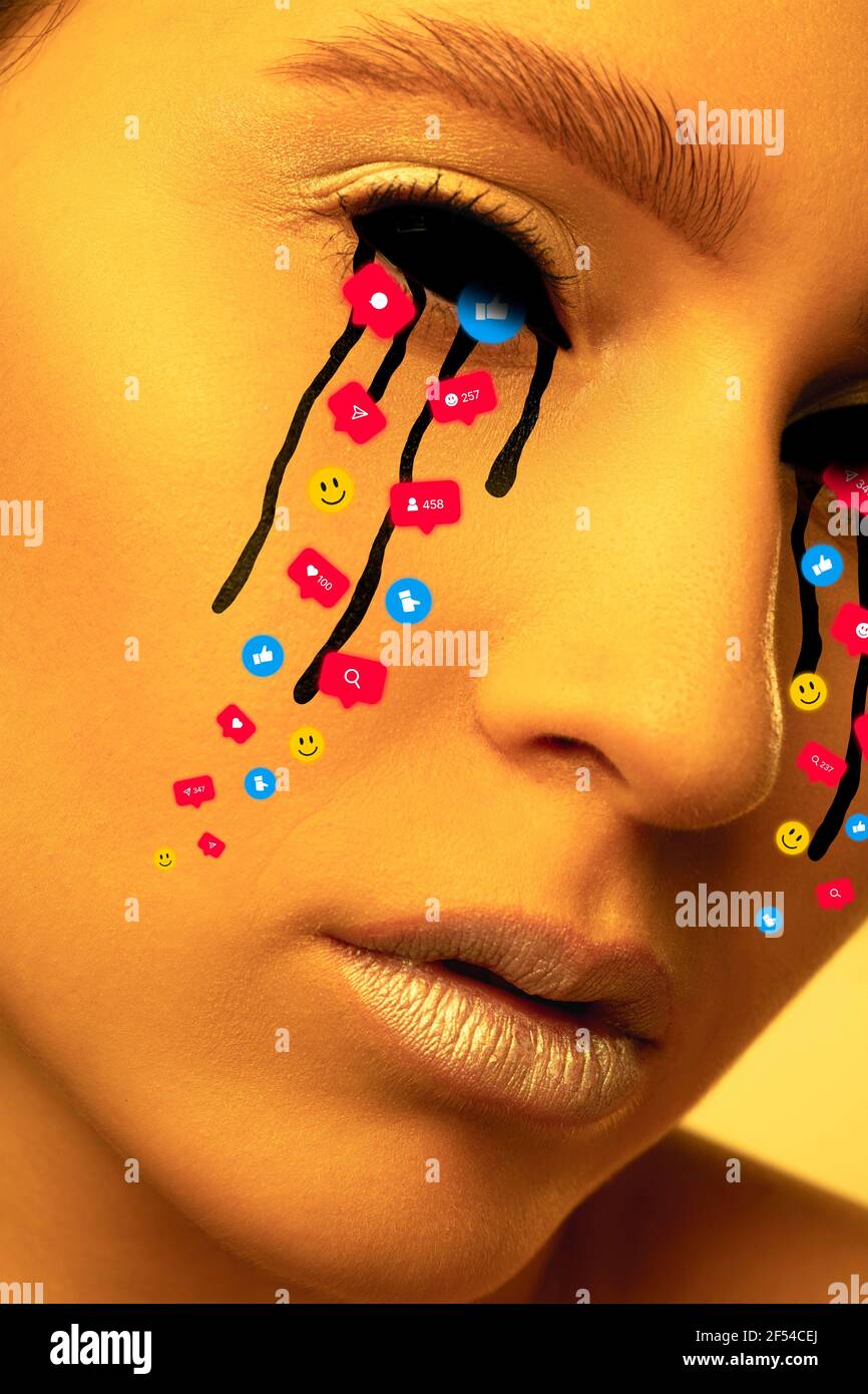 Tears illustrated of social media activity signs on female face in neon ...