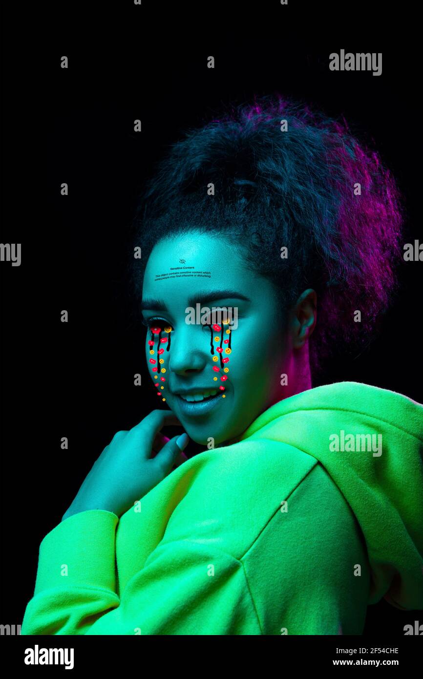 Tears illustrated of social media activity signs on female face in neon ...