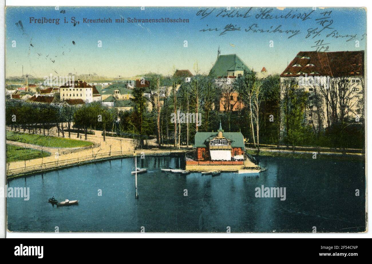 Cross pond with swan locks postcard Stock Photo - Alamy