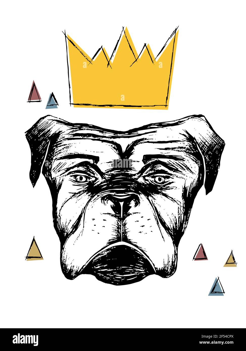 vector illustration of a hand drawn realistic dog with a crown and with ...