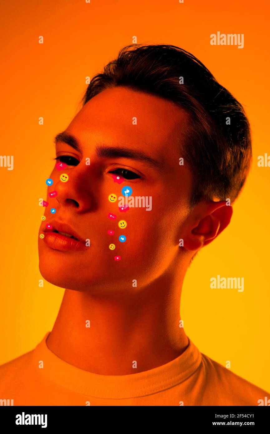 Tears illustrated of social media activity signs on male face in neon ...