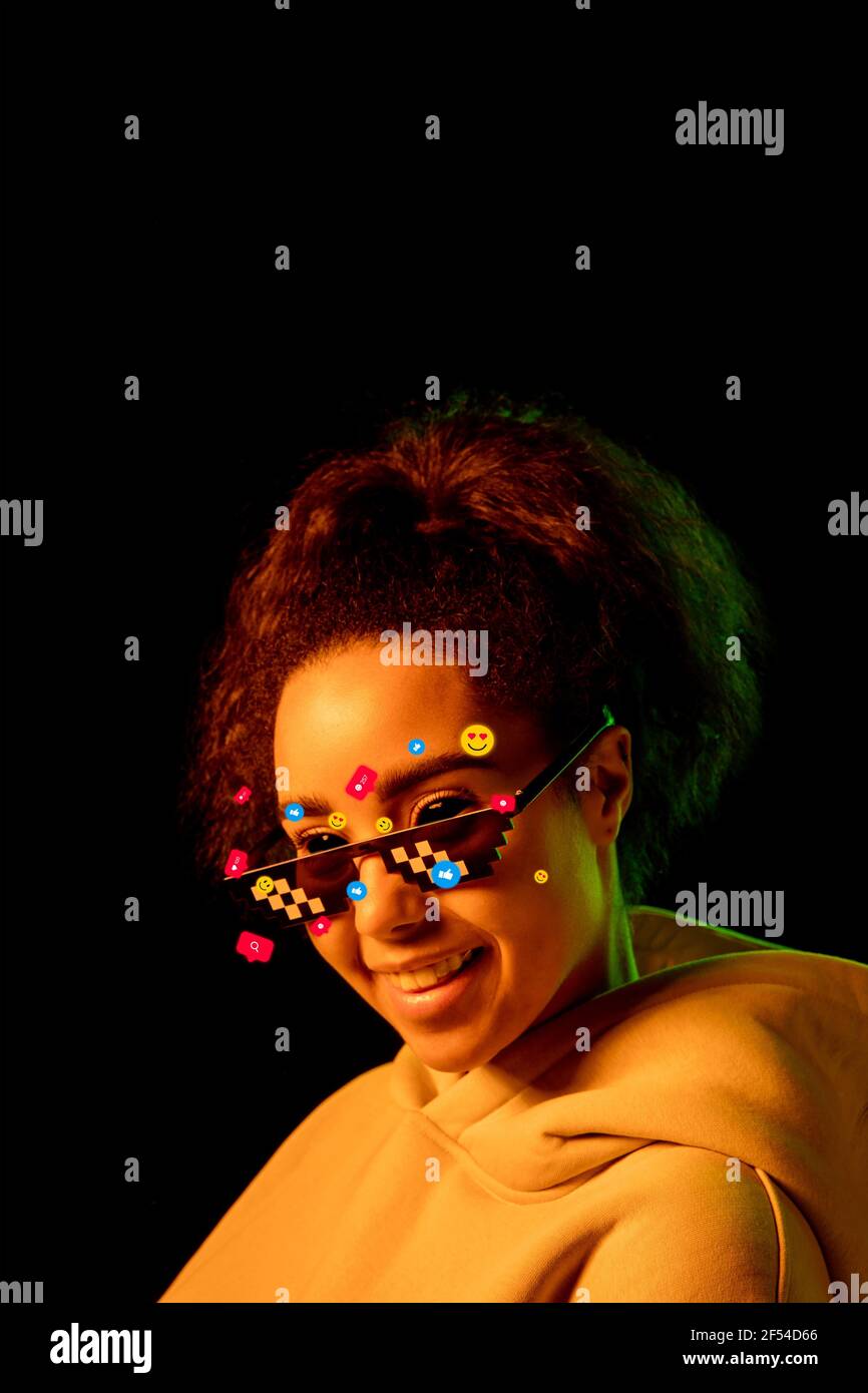 Tears illustrated of social media activity signs on female face in neon ...