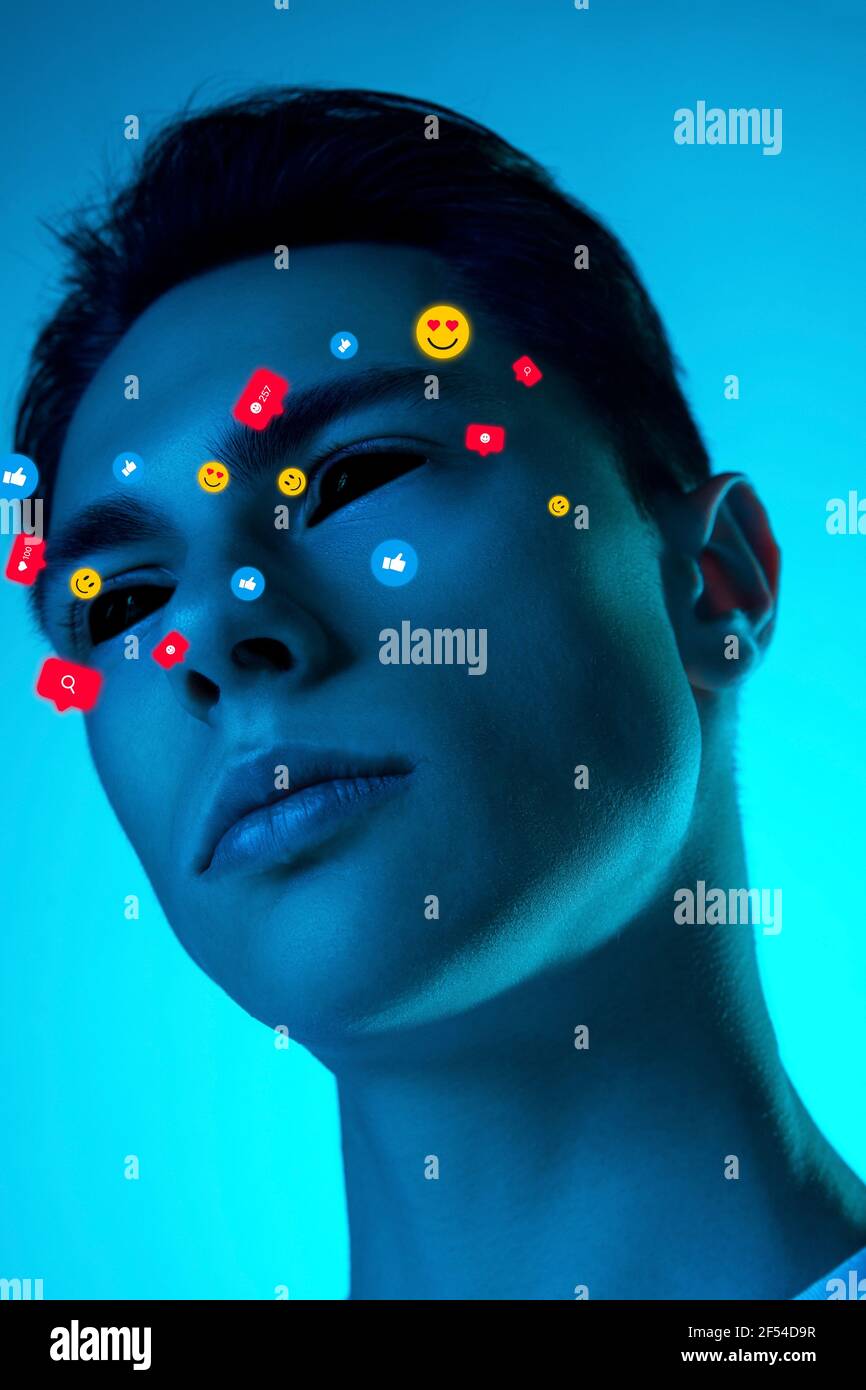Tears illustrated of social media activity signs on male face in neon ...