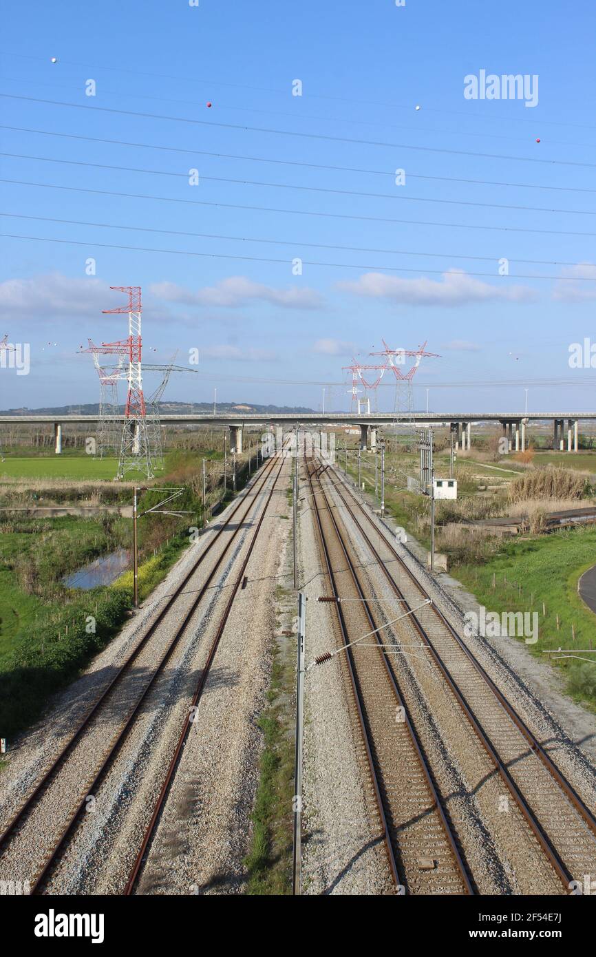 landscape of railroad ,train line between fields Stock Photo - Alamy
