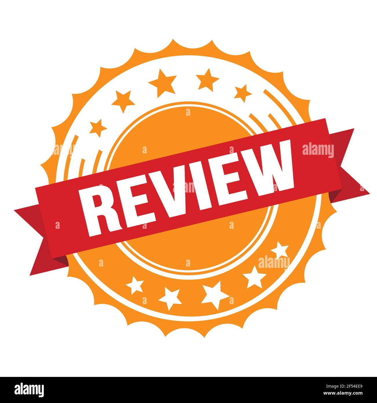 REVIEW text on red orange ribbon badge stamp Stock Photo - Alamy