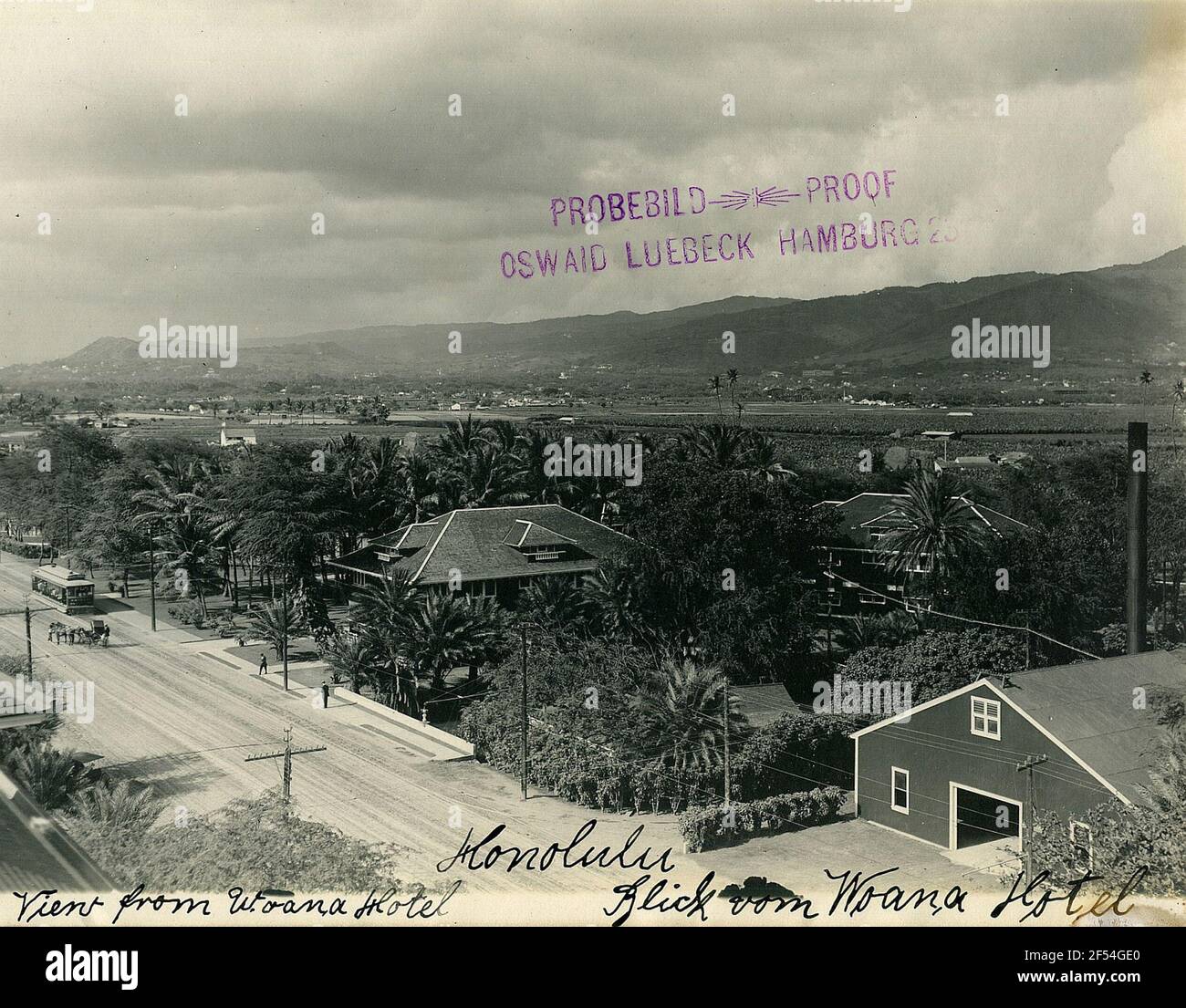 Honolulu, Hawaii. District view from Wanana Hotel over road with tram ...