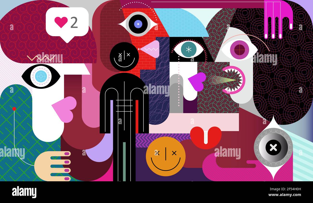 Group of people and smiling sign graphic artwork. Different people talk ...