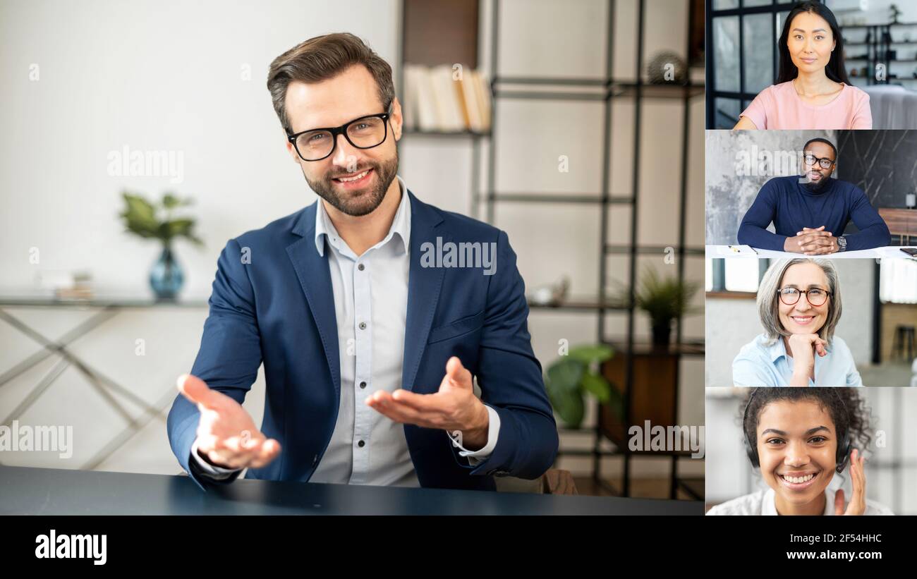 Ambitious businessman wearing formal suit holding online video ...