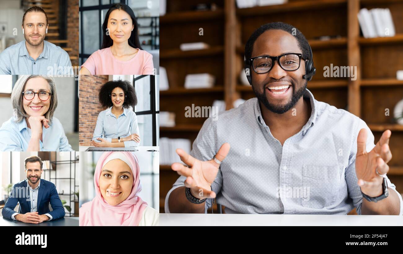 Online job interview concept. Video call screen with a smiling African ...