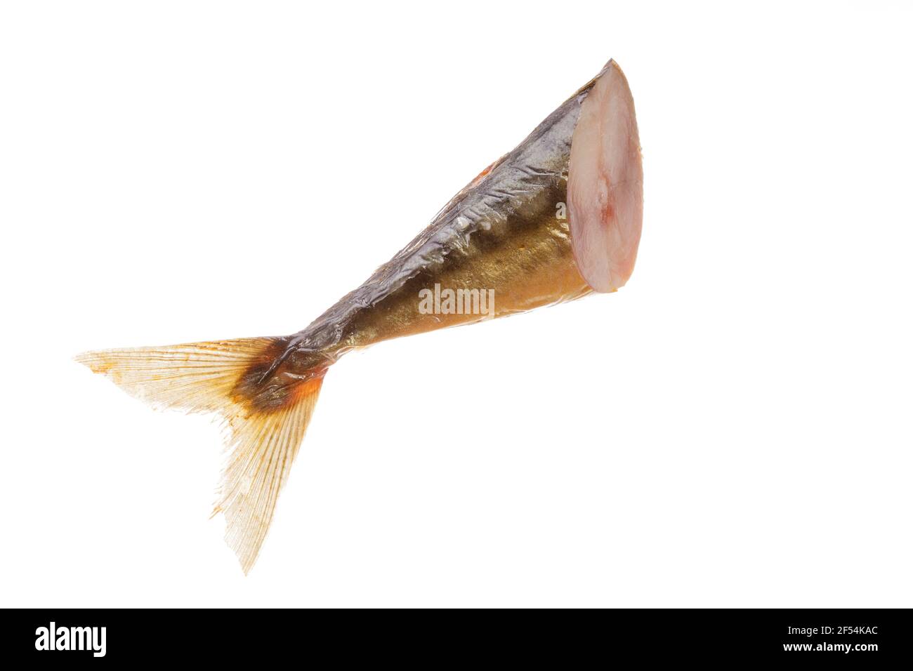 piece of smoked fish with tail isolated on white background. High ...
