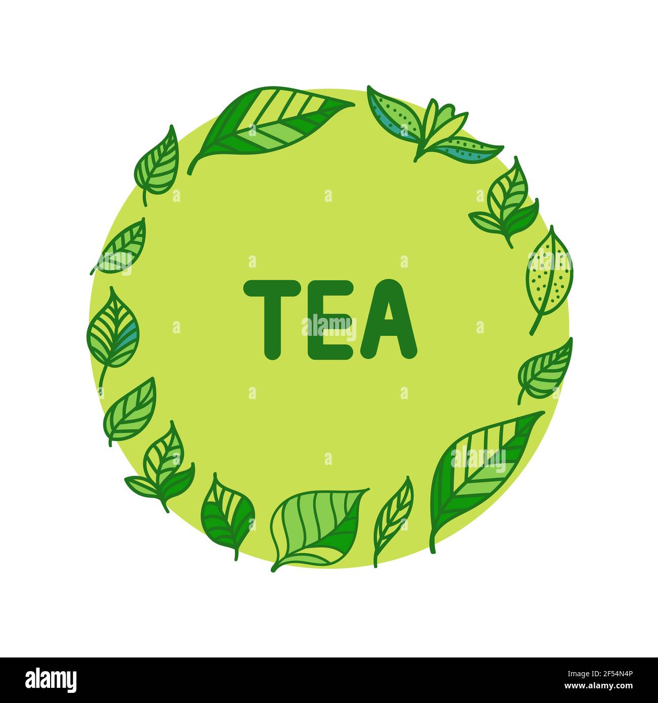 Green Tea leaf. Round frame with hand drawn illustration isolated on ...