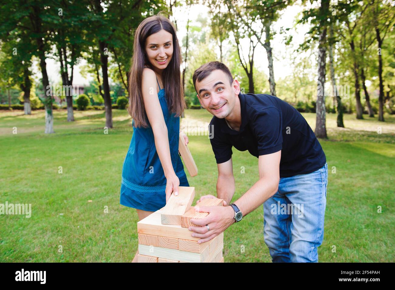 The tower from wooden block on the green grass Stock Photo - Alamy