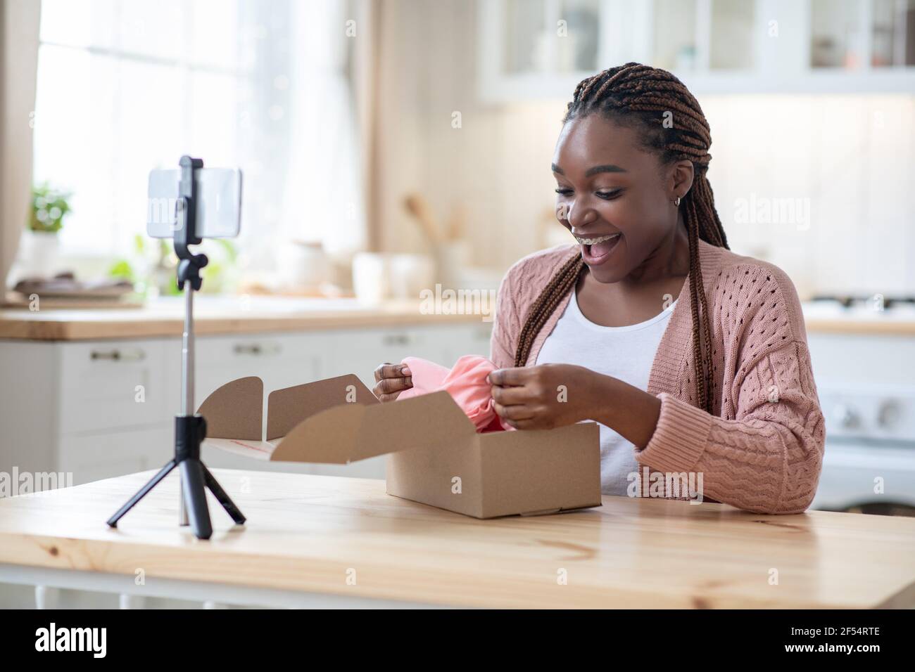 Unboxing Vlog. Black Millennial Influencer Woman Filming Video Content ...