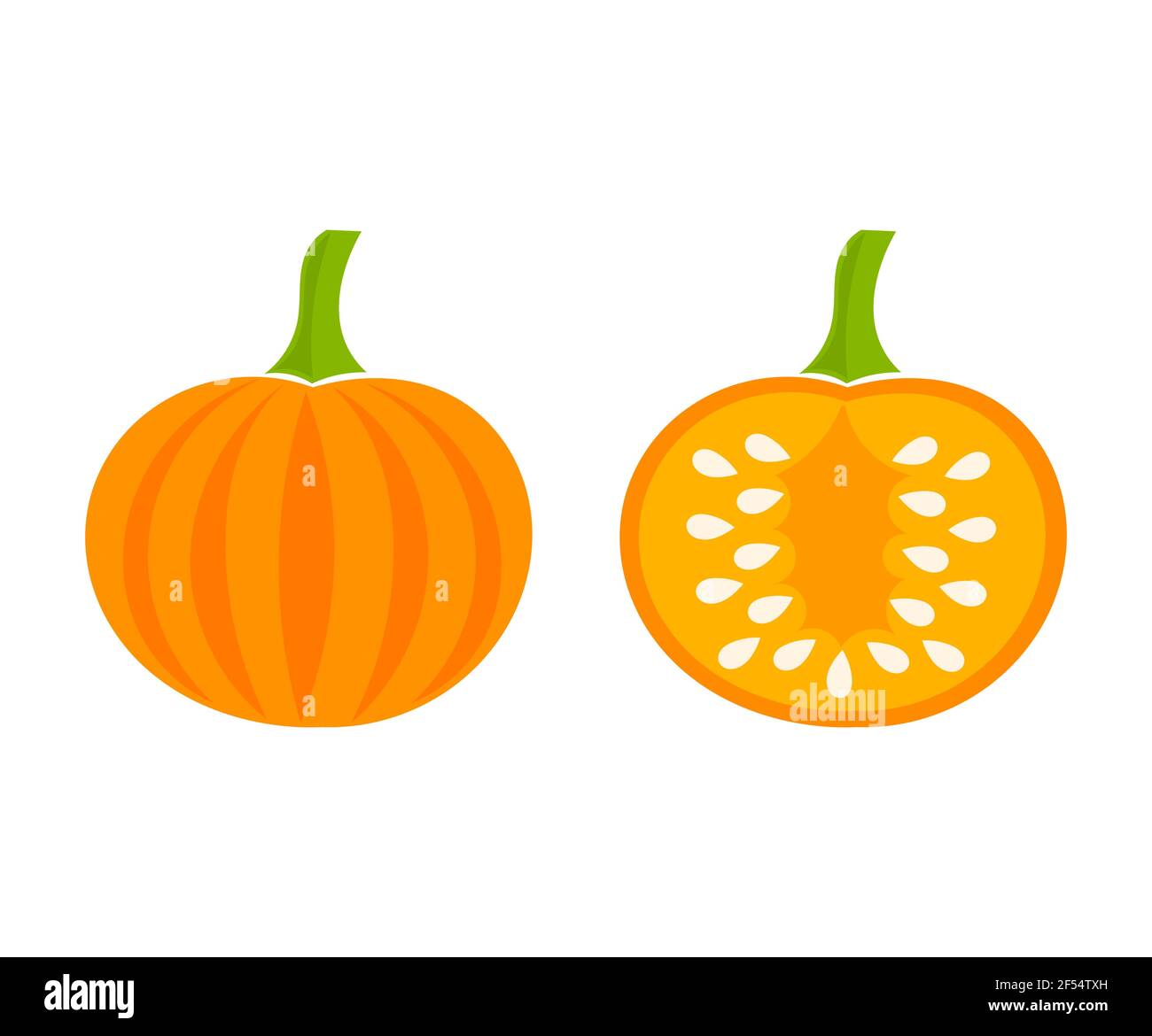 Pumpkin icons, whole and half with seeds inside. Vector illustration ...
