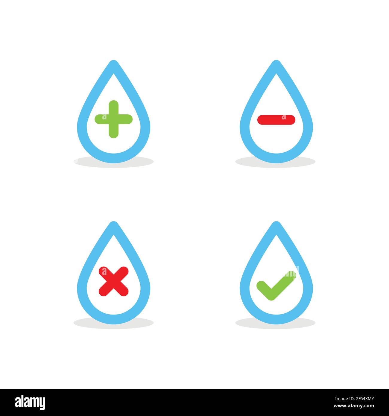 Set: Water drops with plus, minus, tick and cross symbols. Vector ...