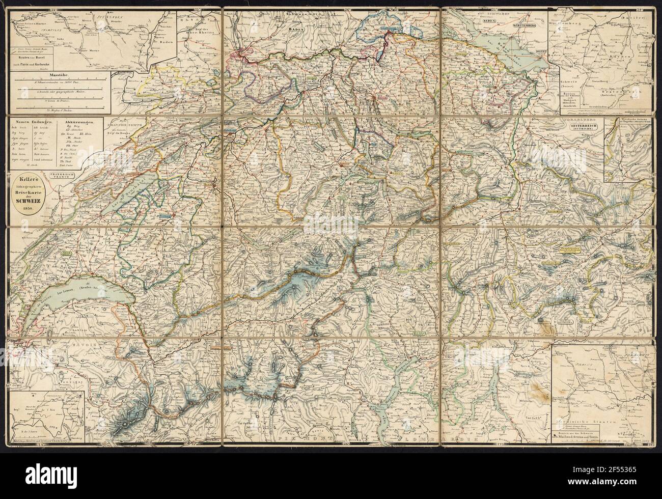 Travel map of Switzerland, approx. 1: 500 000, lithograph, 1850 Stock ...