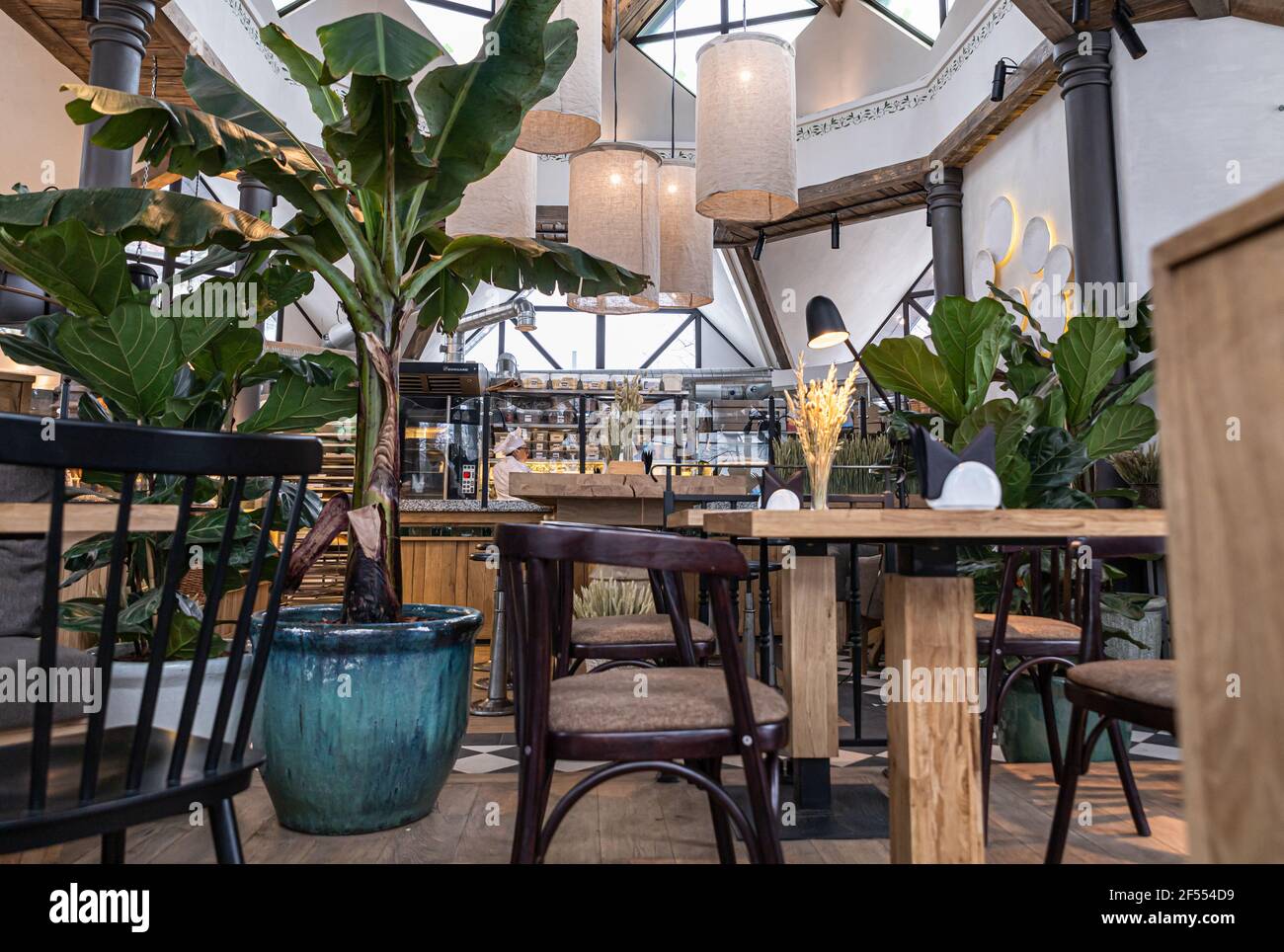 Details of the interior of modern cafe or coffee house with tropical ...