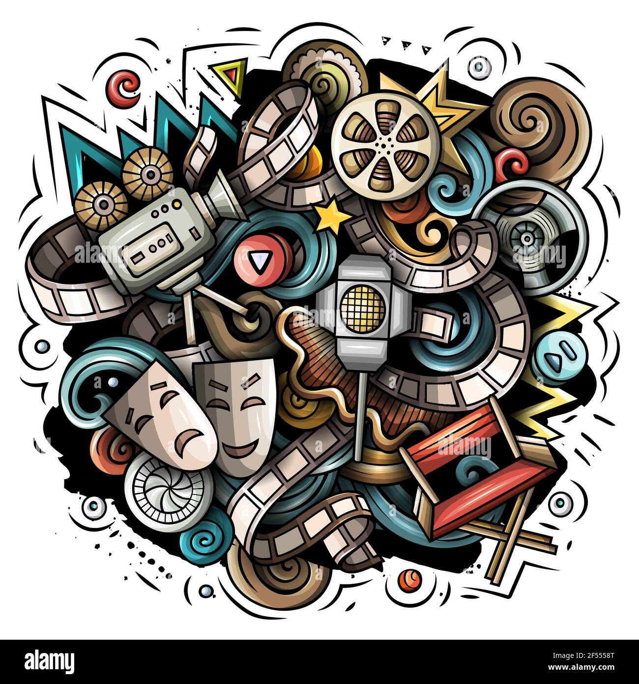 Cinema cartoon vector doodle design. Colorful detailed composition with ...