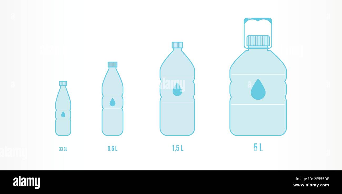 Plastic bottles with water icon set. Different sizes: 33cl, 0,5L, 1,5L ...