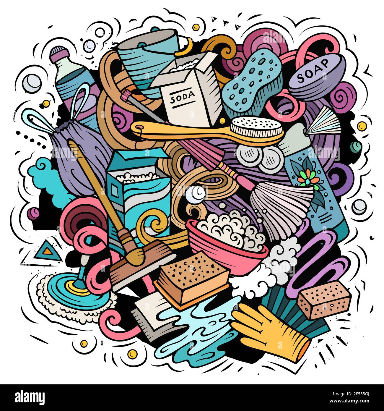 Cleaning cartoon vector doodle design. Colorful detailed composition ...