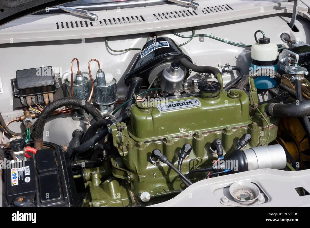 1984 Morris 1000 engine at classic car rally, Rhu, Argyll, Scotland ...