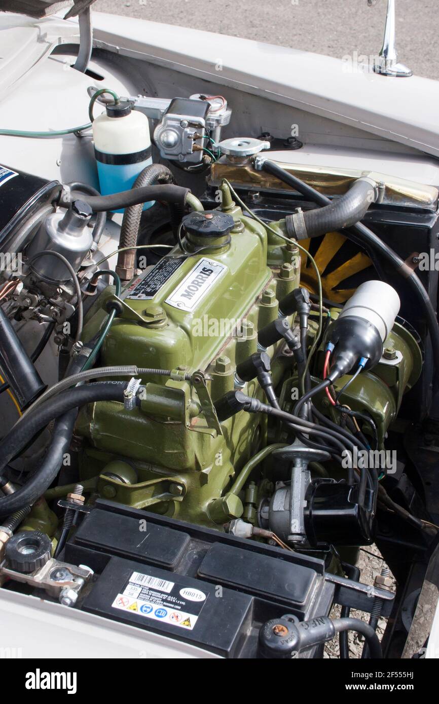 1984 Morris 1000 engine at classic car rally, Rhu, Argyll, Scotland ...