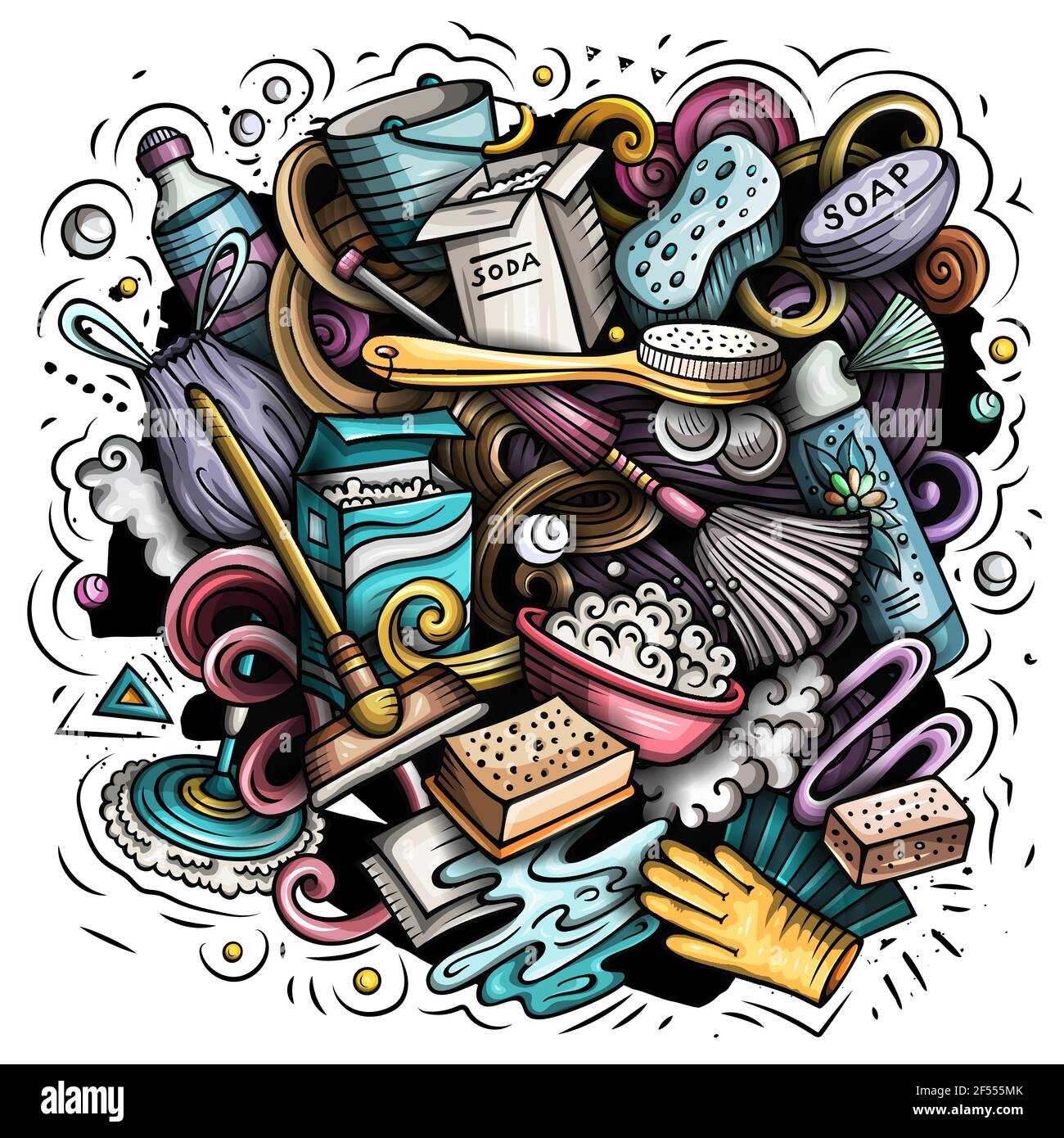 Cleaning cartoon vector doodle design. Colorful detailed composition ...