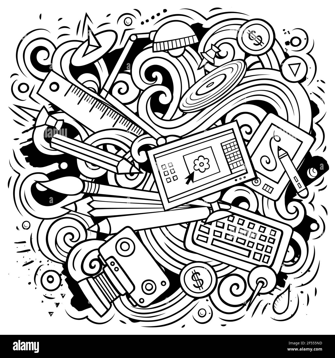 Cartoon vector doodles Art and Design illustration. Line art, detailed ...