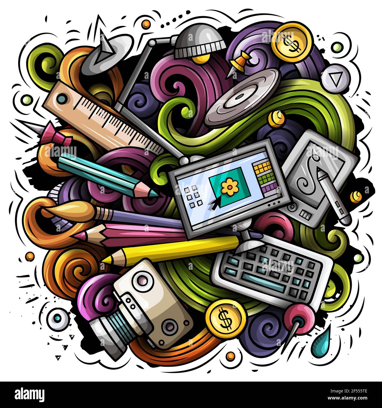 Cartoon vector doodles Art and Design illustration. Colorful, detailed ...