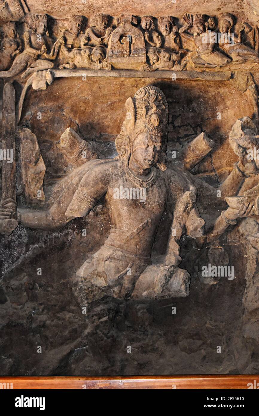 Close-up, Shiva slaying Andhakasura, Elephanta Caves, The panel is on ...