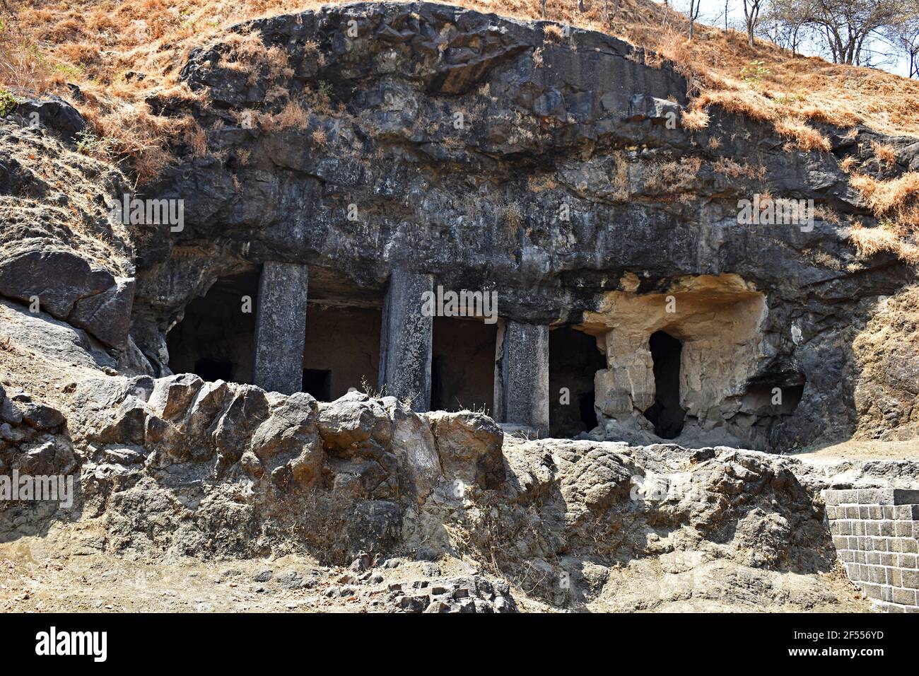 View of Cave No. 2 rock cut, Elephanta Caves, at Elephanta Island or ...